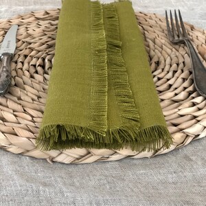Green Linen Napkins With Frayed Edges, Cloth Dining Napkins, Frayed ...
