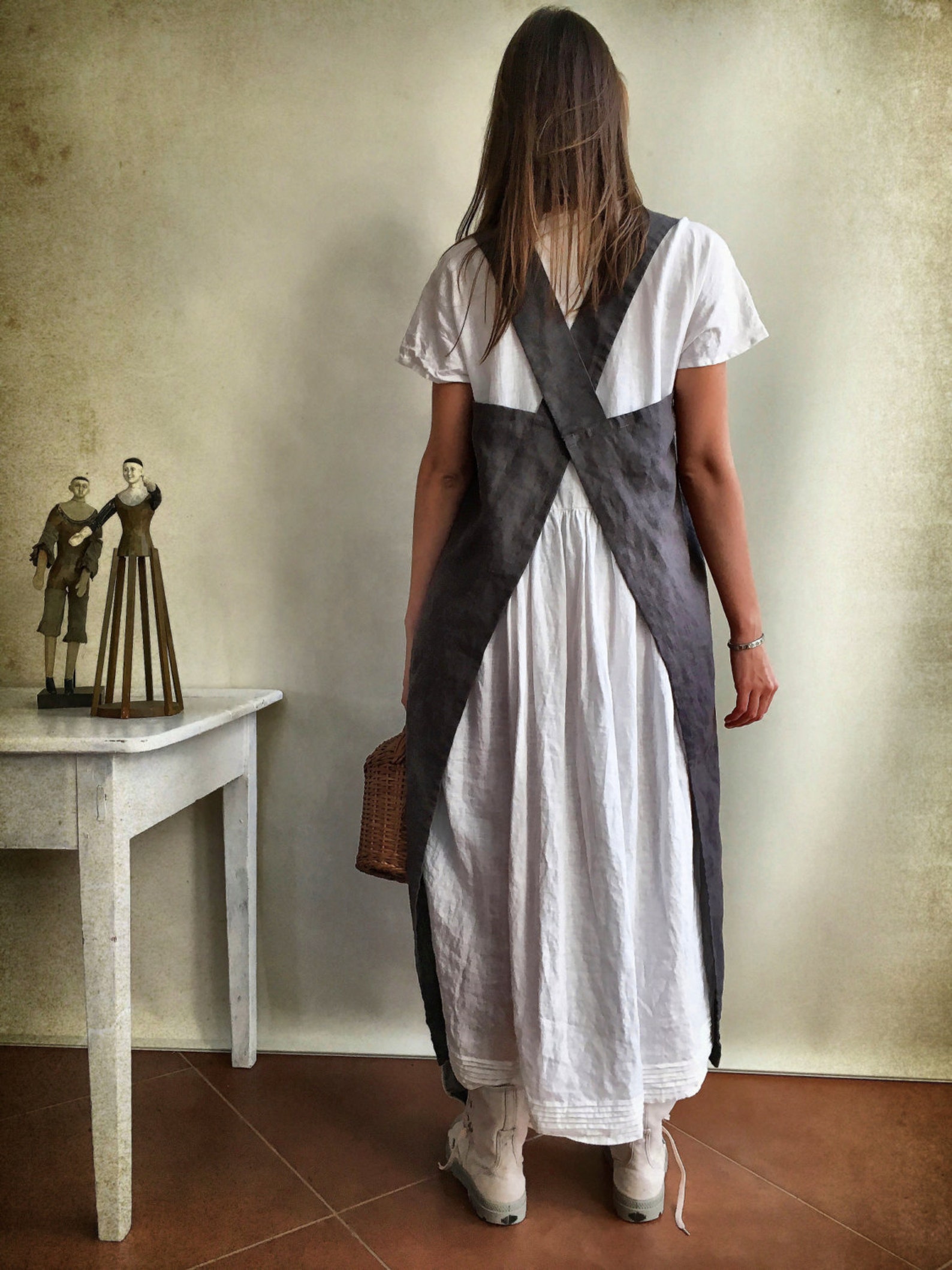 Linen Pinafore Apron, Linen Apron, Long Pinafore Woman, Square-cross ...