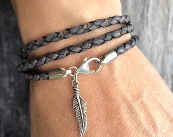 Sterling Silver Feather With Leather Wrap Bracelet - Etsy
