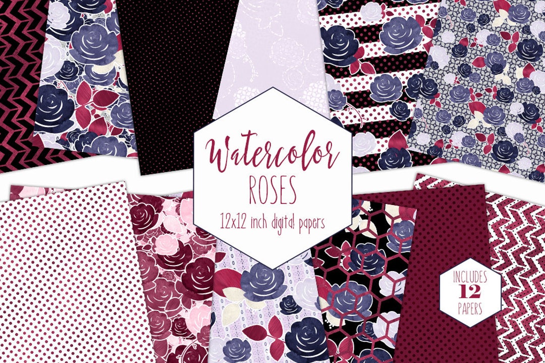 NAVY & BURGUNDY FLORAL Digital Paper Pack Commercial Use Watercolor ...