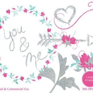 PINK & SILVER WATERCOLOR Floral Clipart Commercial Use Clip Art ...