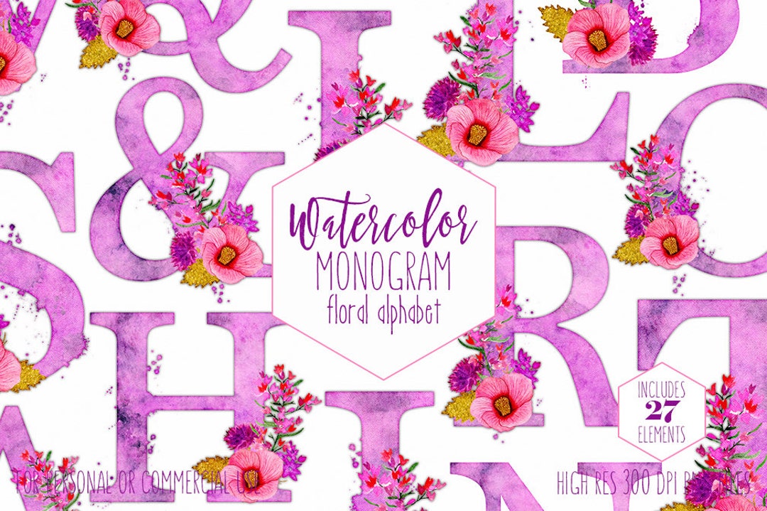 PINK WATERCOLOR FLORAL Alphabet Clipart Tropical Wedding - Etsy