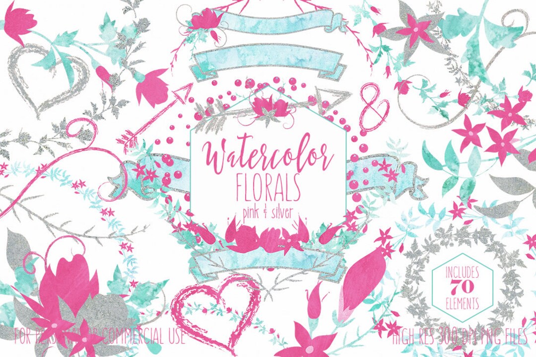 PINK & SILVER WATERCOLOR Floral Clipart Commercial Use Clip Art ...