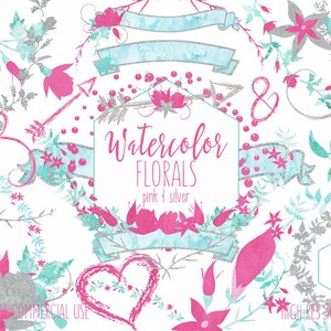 PINK & SILVER WATERCOLOR Floral Clipart Commercial Use Clip Art ...