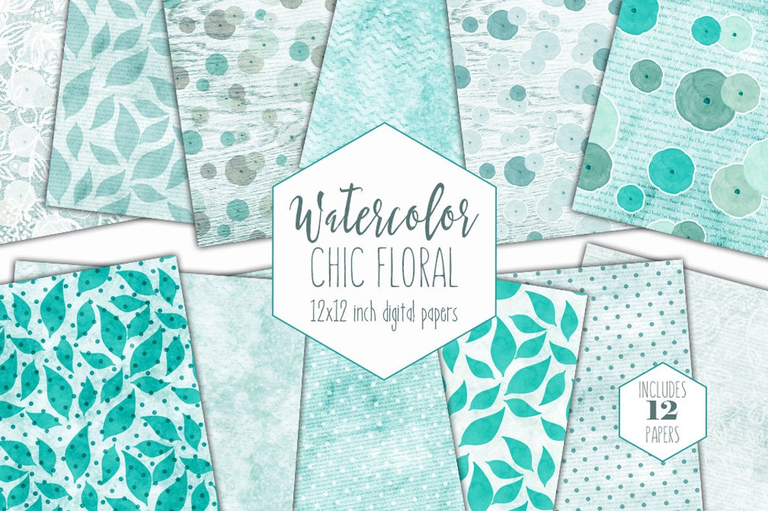 AQUA WATERCOLOR FLOWERS Digital Paper Pack Commercial Use - Etsy