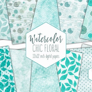 AQUA WATERCOLOR FLOWERS Digital Paper Pack Commercial Use - Etsy