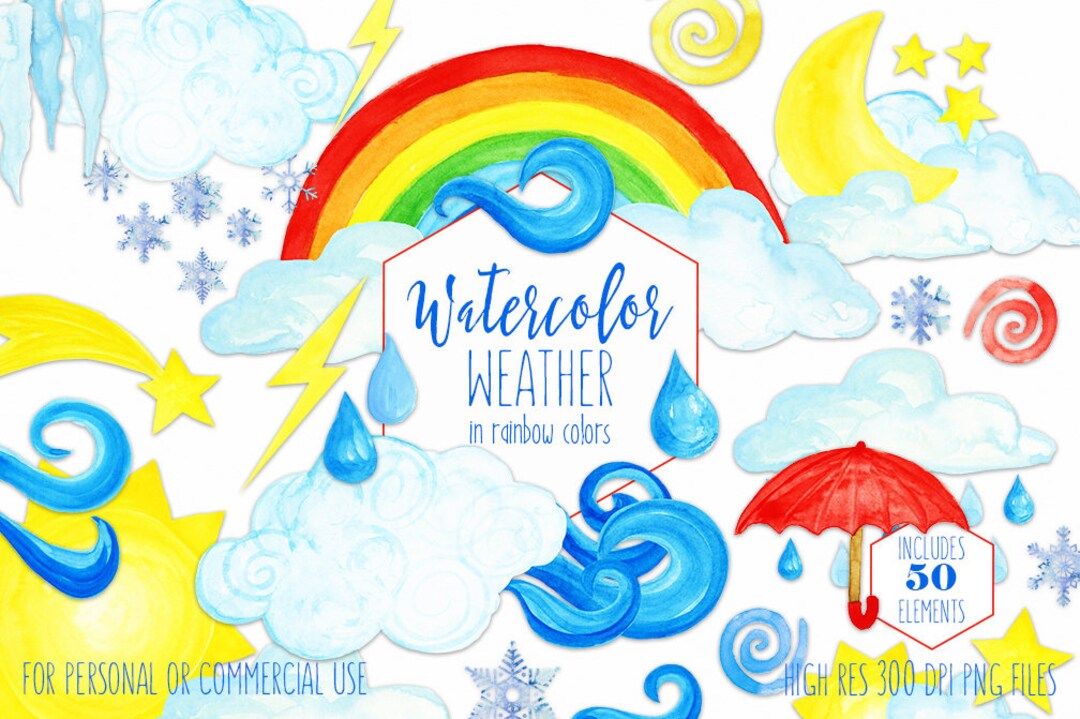 WATERCOLOR WEATHER Clipart for Commercial Use Cute Weather Clouds ...