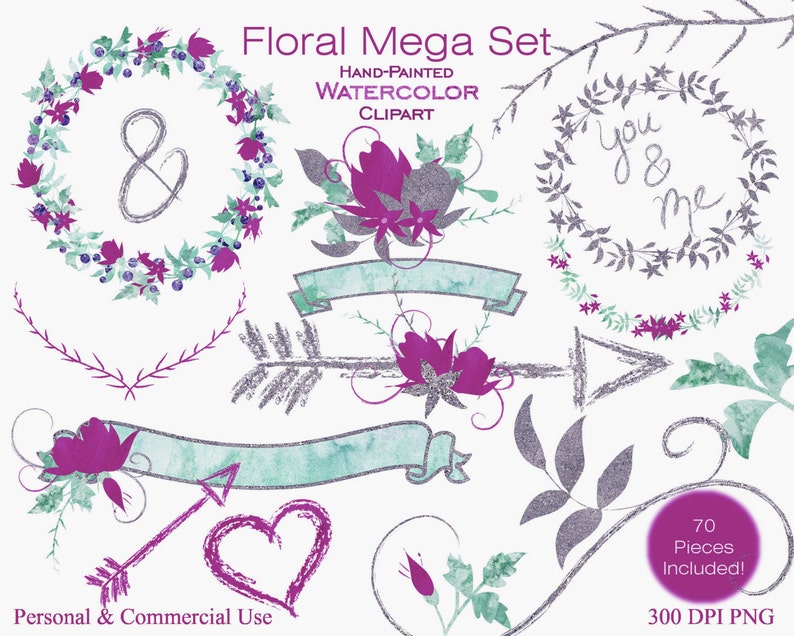 WATERCOLOR FLORAL WREATH Clipart Commercial Use Clip Art | Etsy