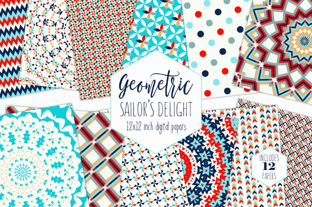 GEOMETRIC NAUTICAL Digital Paper Pack Red Navy Blue - Etsy