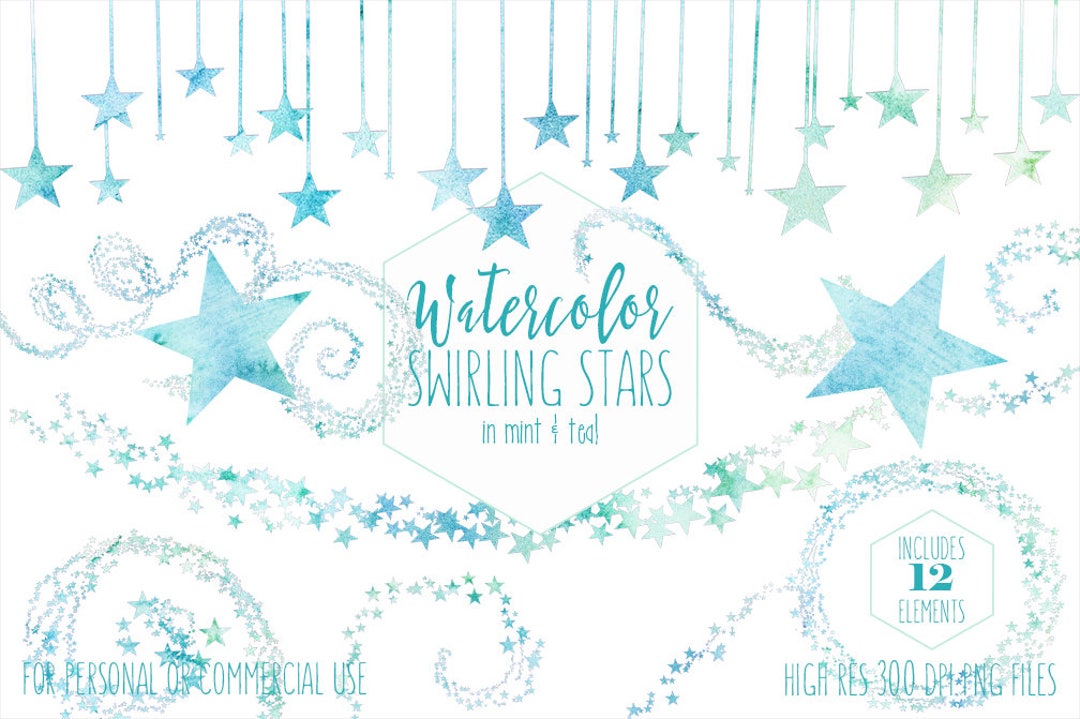 TEAL & MINT WATERCOLOR Star Clipart Commercial Use Clip Art - Etsy ...