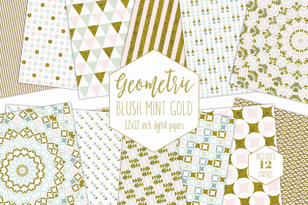 BLUSH PINK & GOLD Digital Paper Pack Mint Geometric Backgrounds Glitter ...