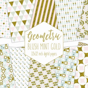 BLUSH PINK & GOLD Digital Paper Pack Mint Geometric Backgrounds Glitter ...