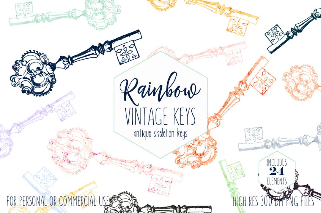 ANTIQUE KEY CLIPART for Commercial Use Clip Art Rainbow Color Vintage ...