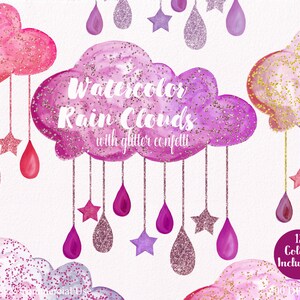 CUTE RAIN CLOUDS Clipart Commercial Use Clip Art Watercolor Clouds With ...