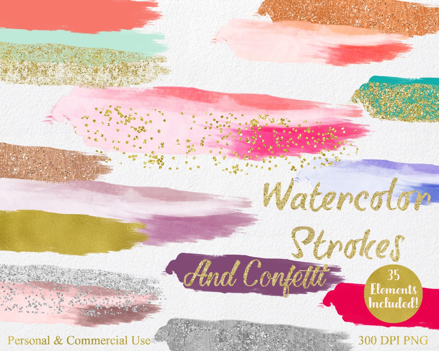 WATERCOLOR & GOLD PAINT Strokes Clipart Commercial Use Clipart | Etsy