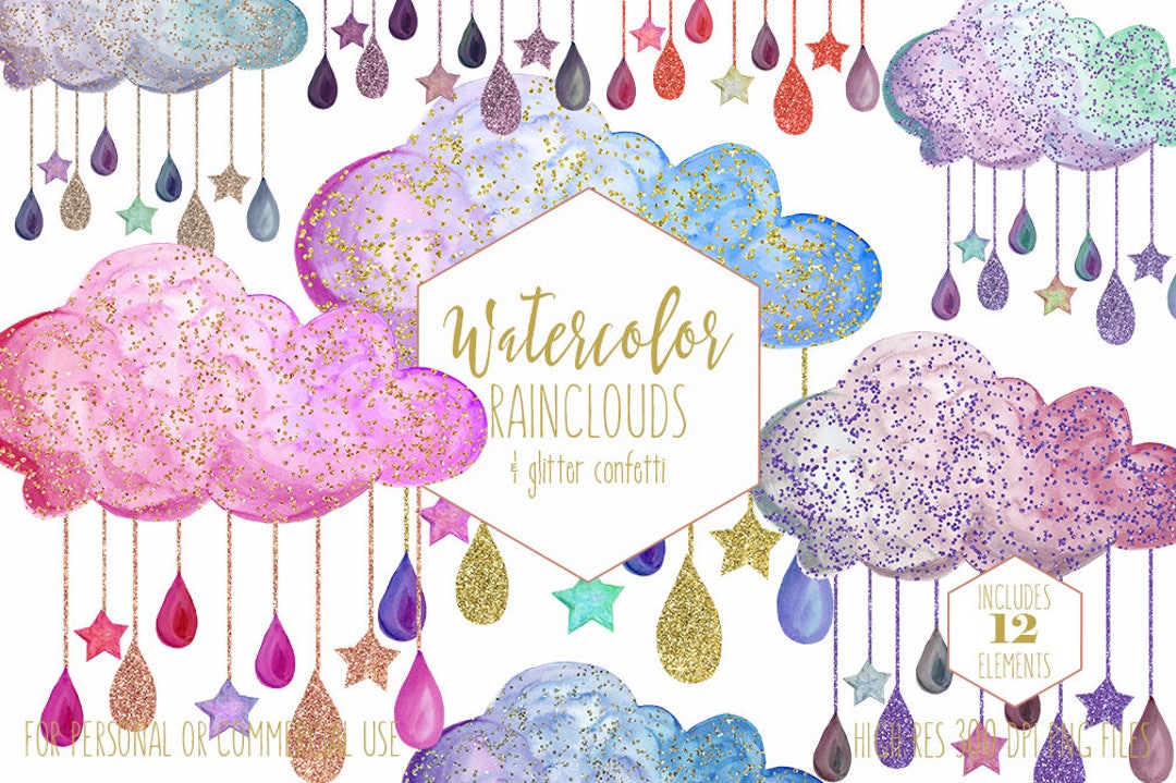 RAINBOW RAIN CLOUDS Clipart Commercial Use Clip Art Watercolor Clouds ...