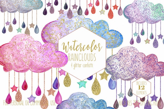 RAINBOW RAIN CLOUDS Clipart Commercial Use Clip Art Watercolor | Etsy