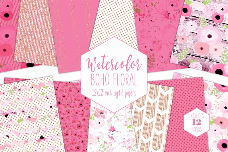 PINK FLORAL WATERCOLOR Digital Paper Pack Commercial Use Rose - Etsy
