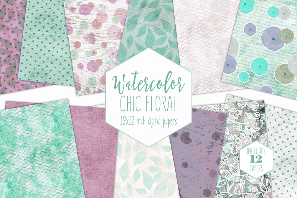 PURPLE & MINT FLORAL Digital Paper Pack Commercial Use Flower | Etsy