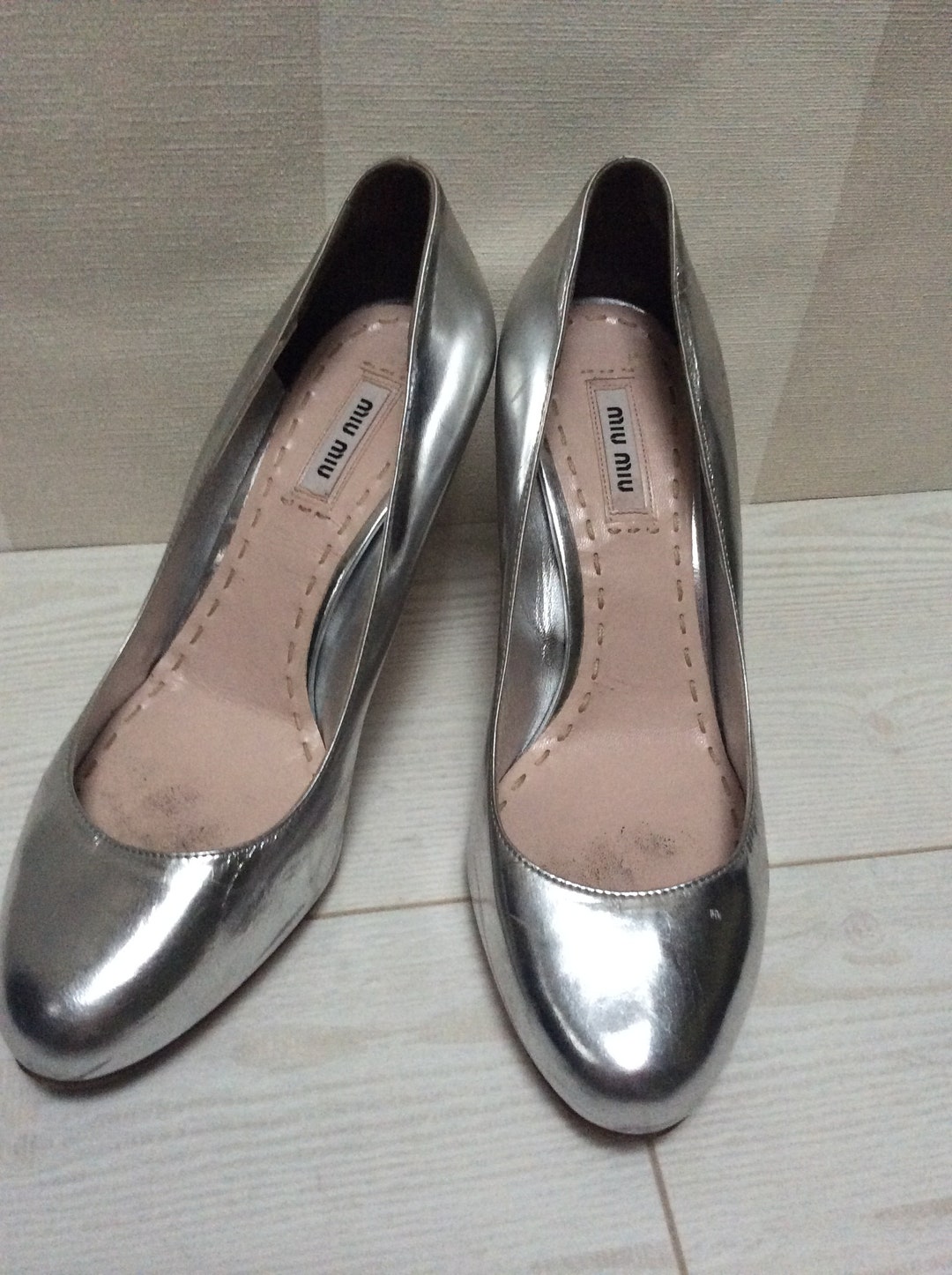 MIU MIU Cap Toe Stiletto Pumps, Metallic Silver Patent Leather Shoes ...