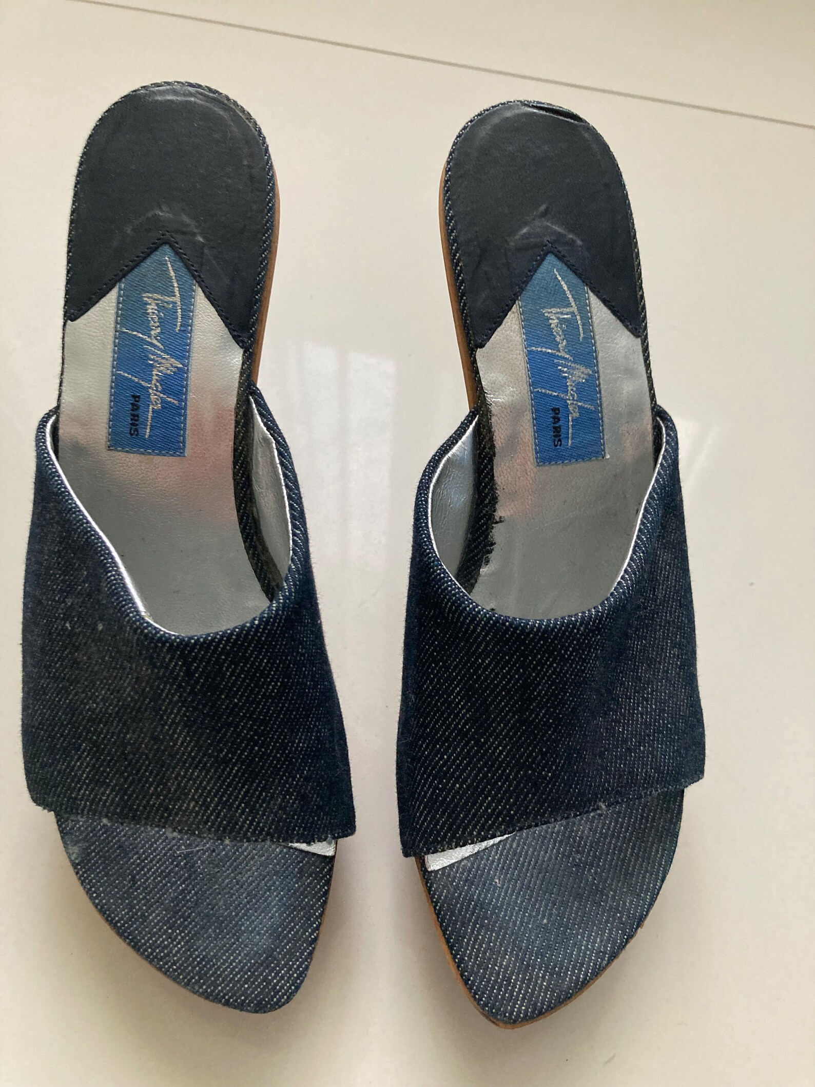 Thierry Mugler Paris Vintage Denim Wooden Platform High Heel Mules Size ...