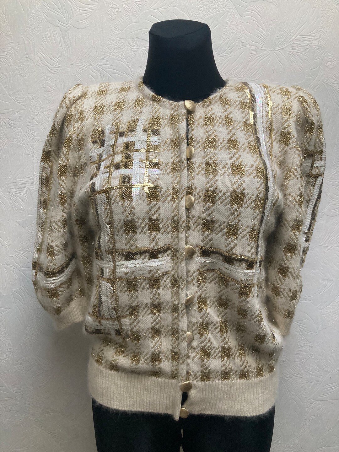 Vintage 1980s Custom Made Angora, Wool Sparkling Knitted Cardigan Size ...