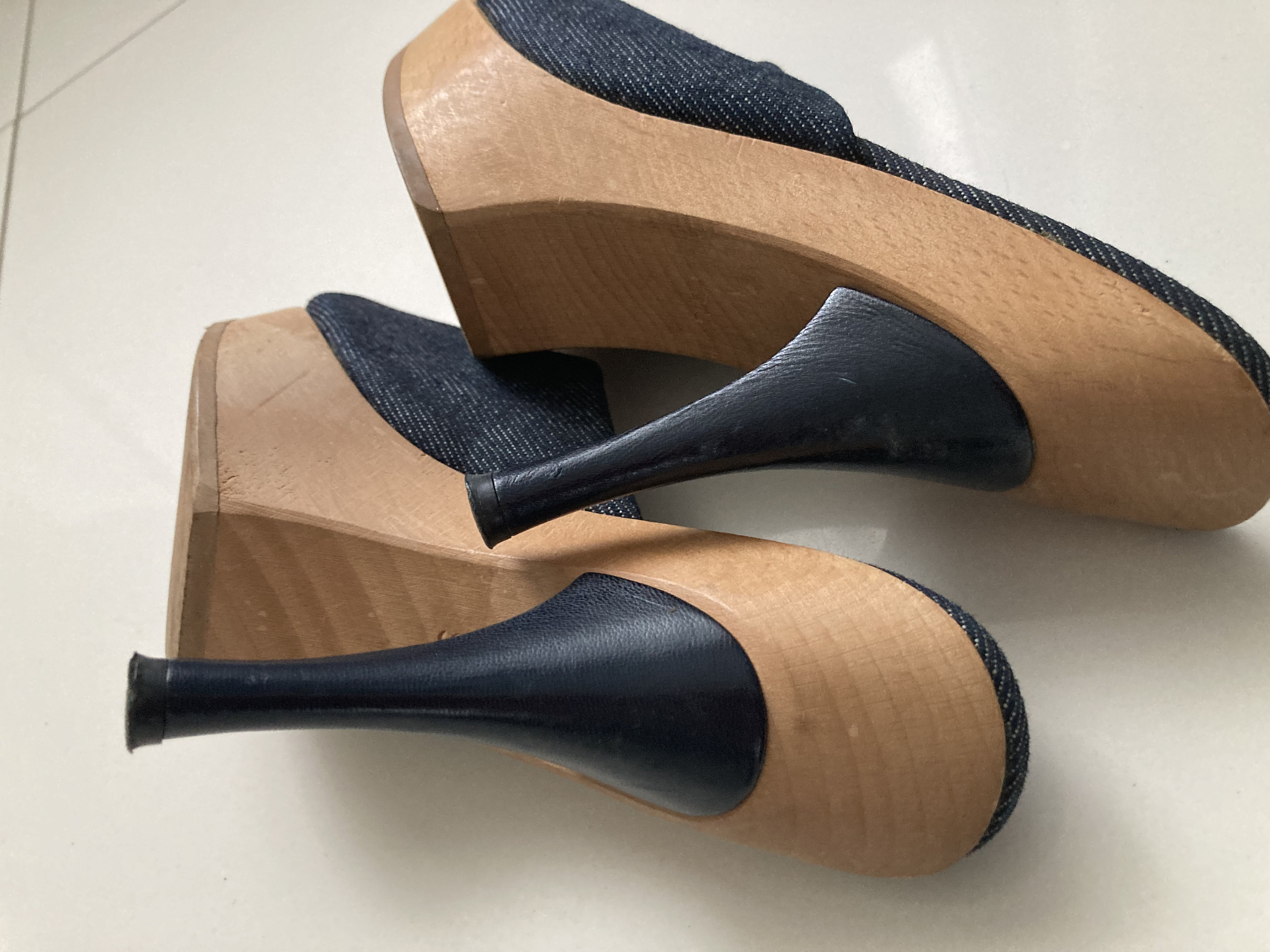 Thierry Mugler Paris Vintage Denim Wooden Platform High Heel Mules Size ...