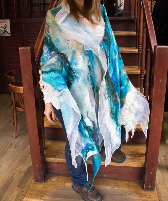 Large Turquoise Wool Shawl Bohemian Felted Scarf Nuno - Etsy