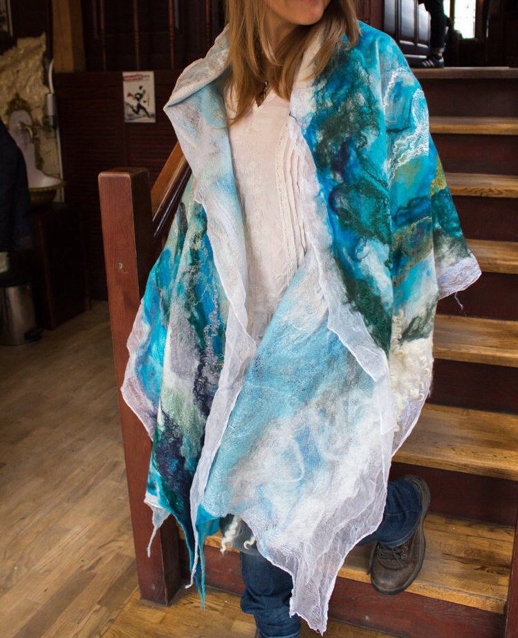 Large Turquoise Wool Shawl Bohemian Felted Scarf Nuno - Etsy