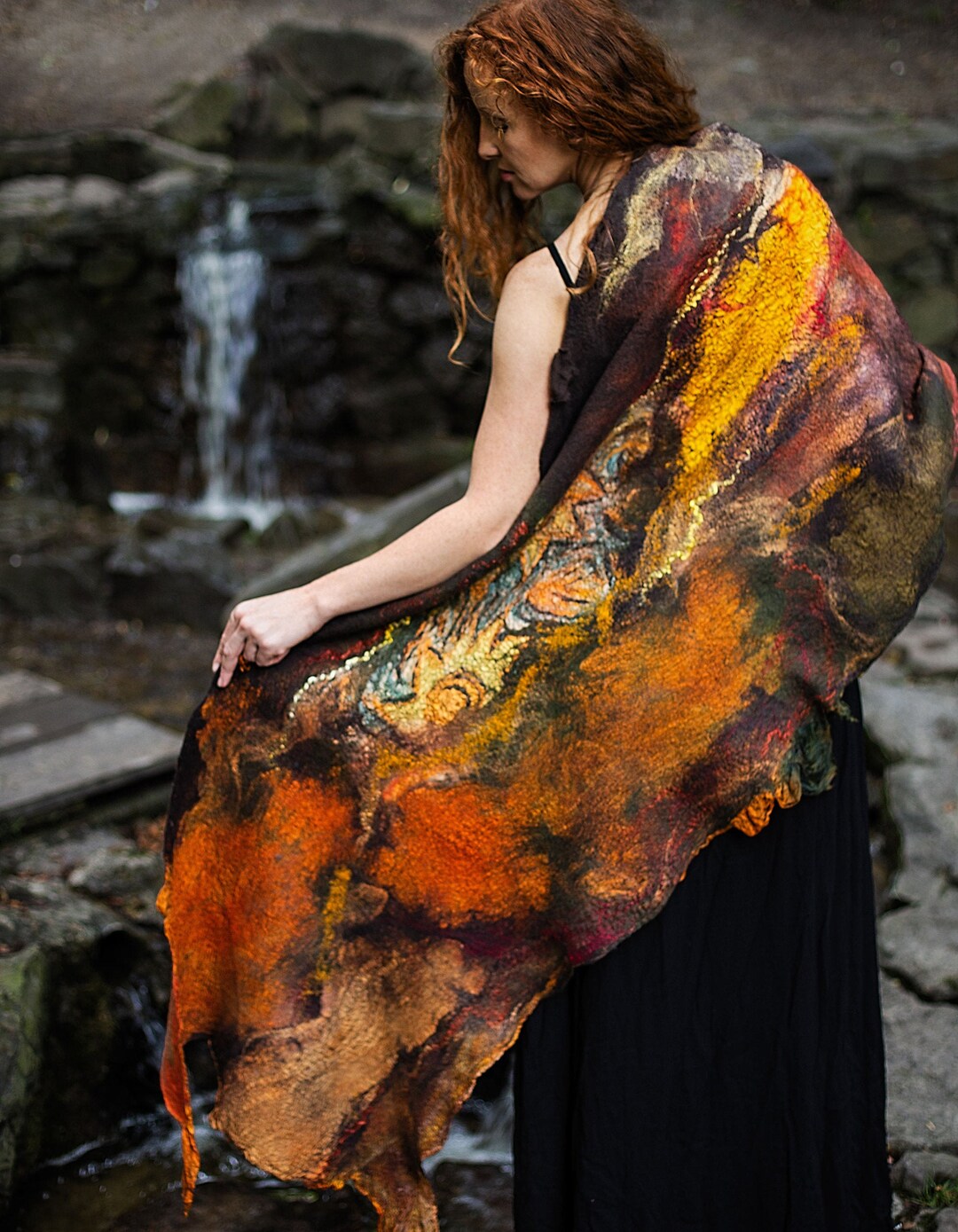 Nuno Felted Textured Scarf Wrap, Designer Silk Scarf, Orange Nuno Felt ...