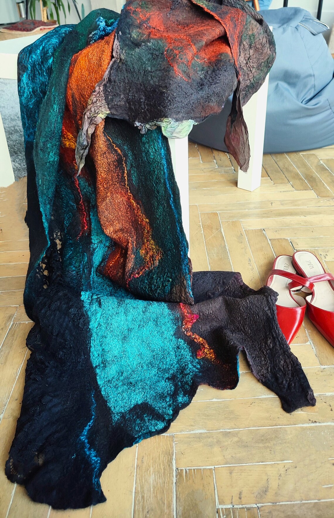 Designer Silk Scarf, Large Art Shawl, Nuno Felted Shawl, Large Textured ...