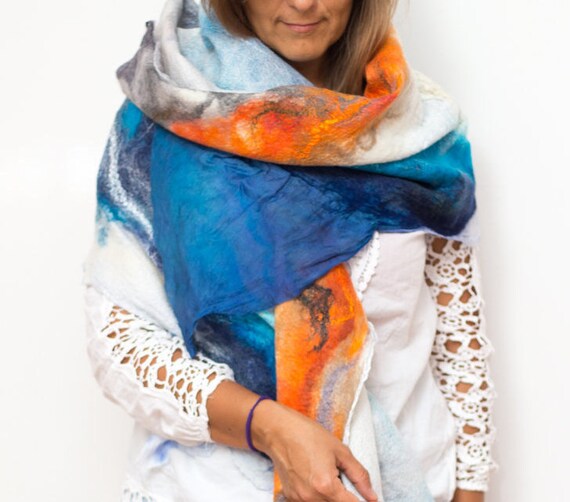 Orange Large Shawl Nuno Felted Shawl Autumn Scarf Cobweb - Etsy