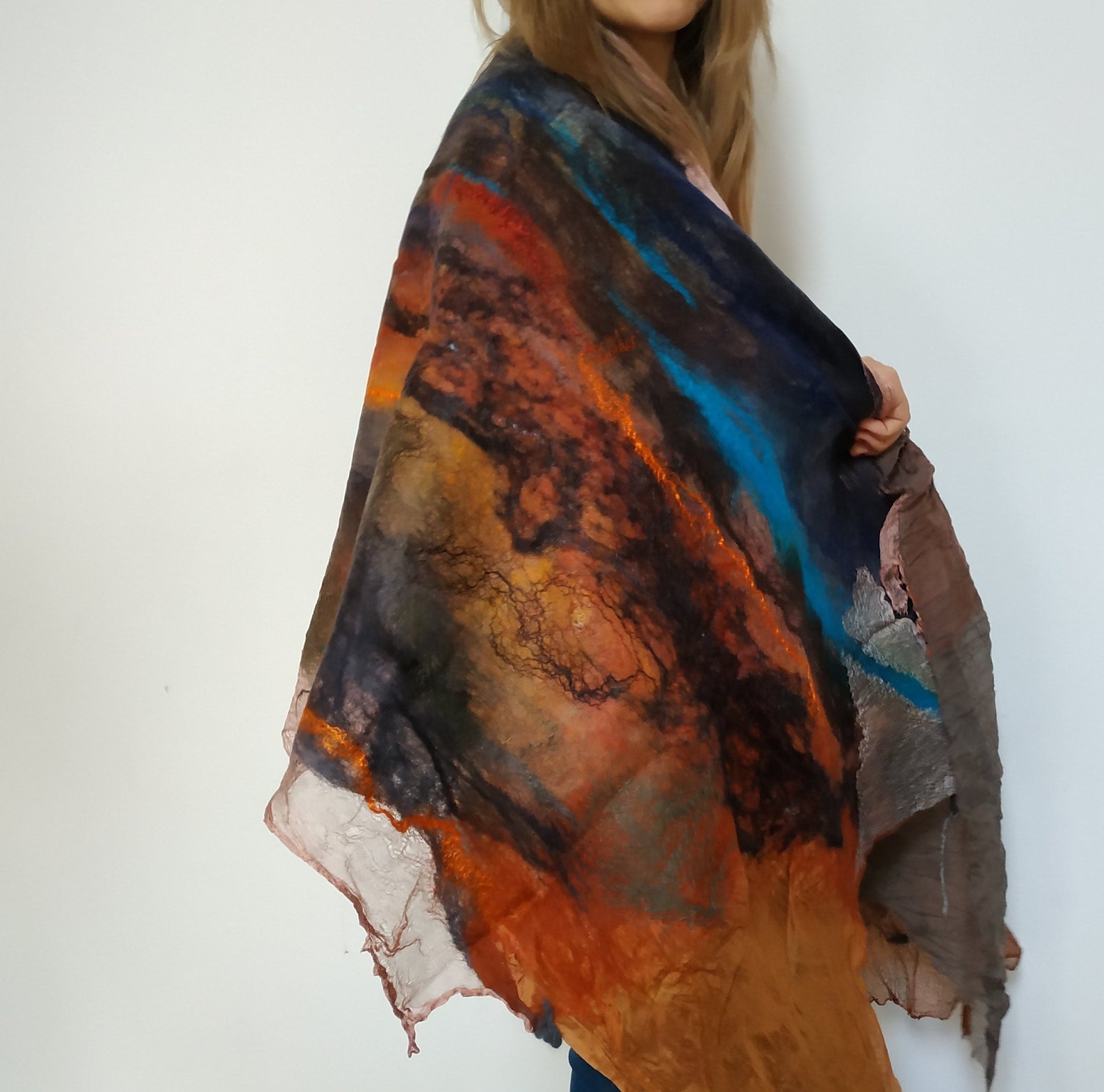 Nuno Felted Scarf, Rust Shawl Cobweb Wet Felted Scarf From Softest ...