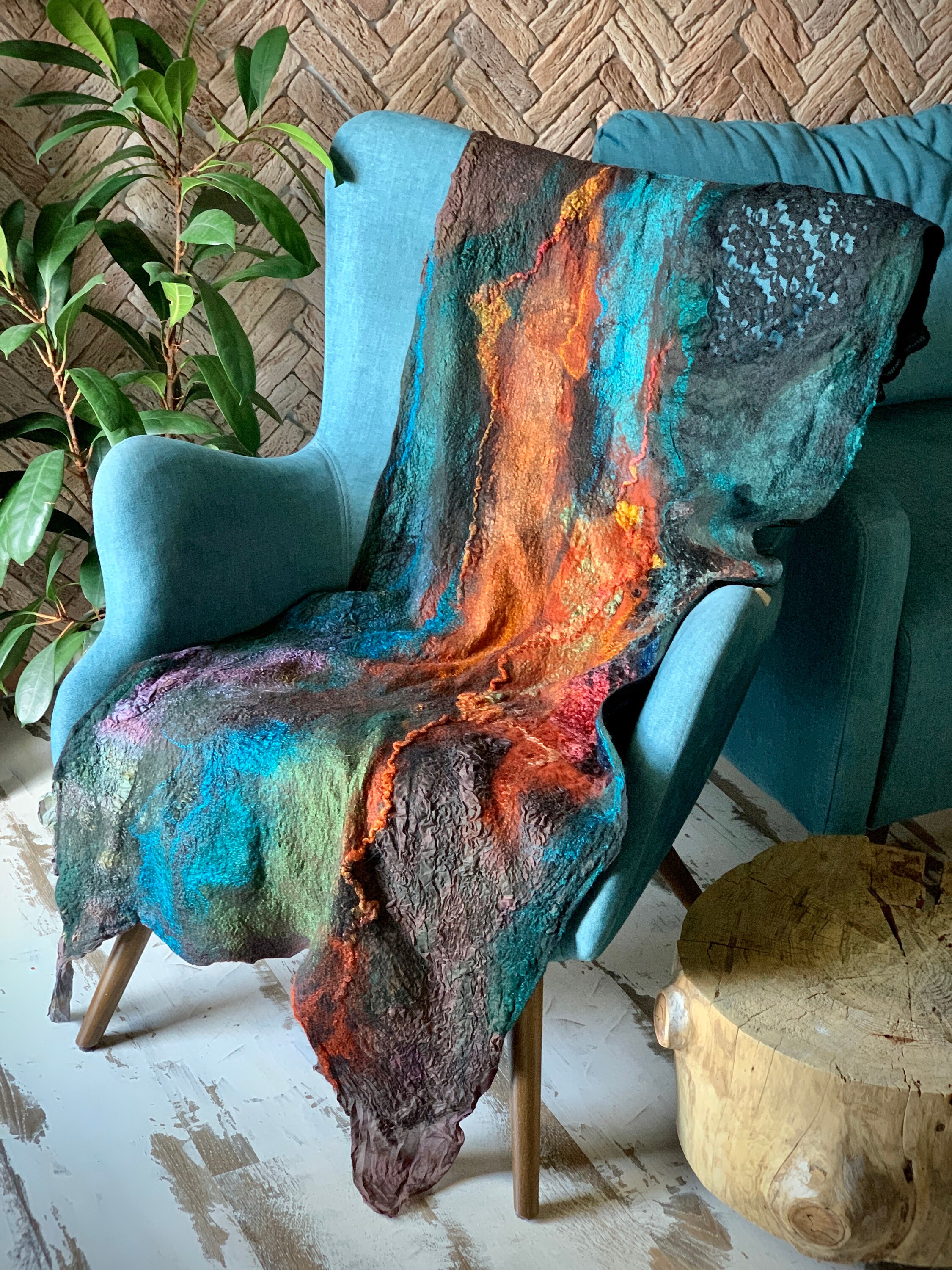 Designer Silk Scarf, Large Art Shawl, Nuno Felted Shawl, Large Textured ...