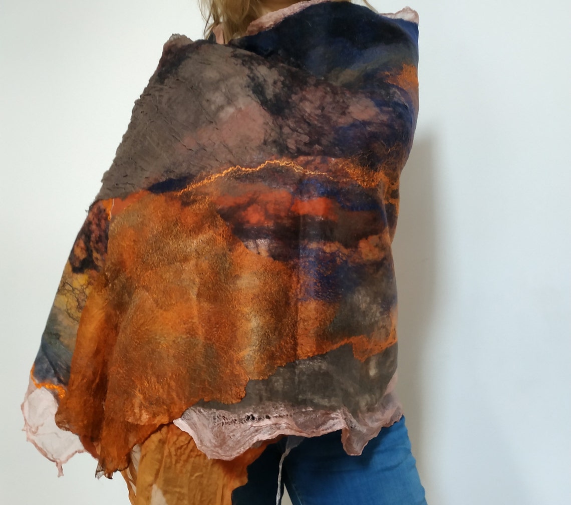 Nuno Felted Scarf Rust Shawl Cobweb wet felted scarf from | Etsy