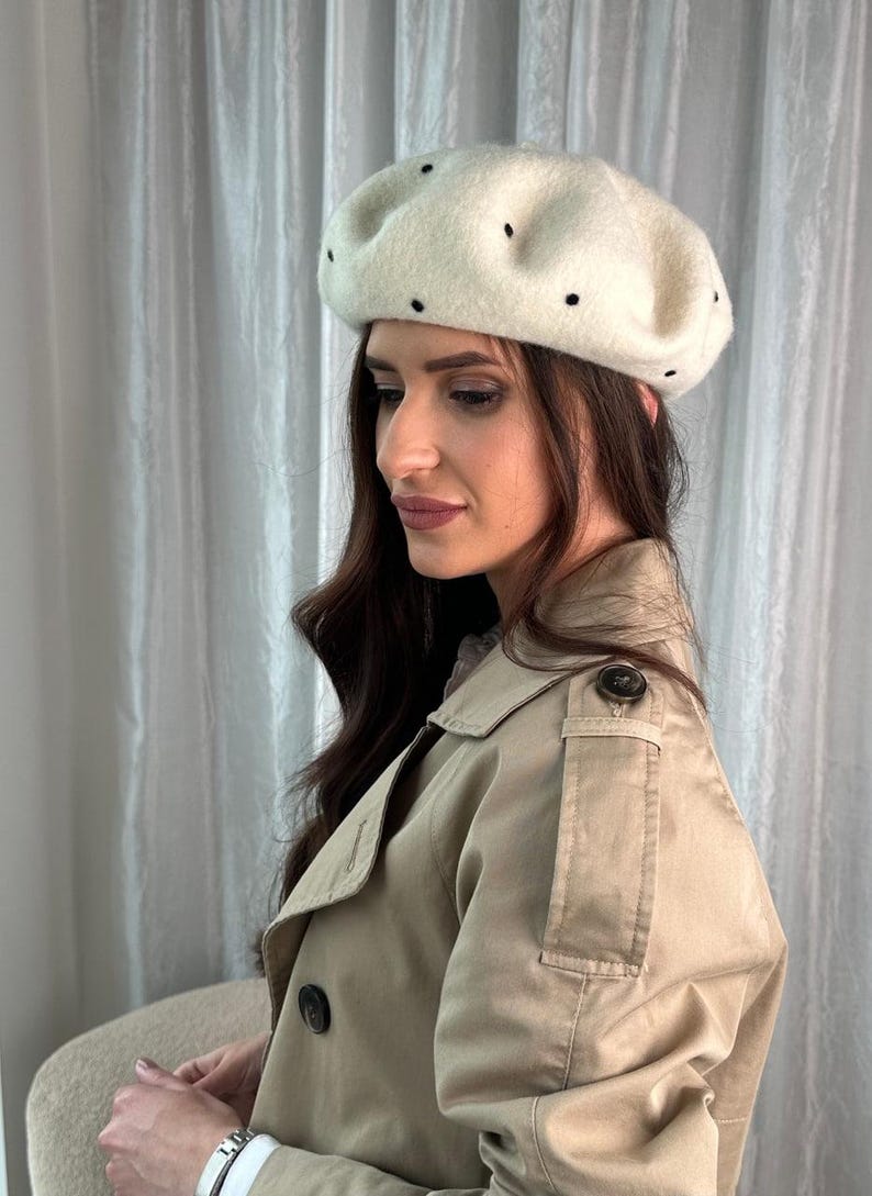 White Wool Beret With Black Dots, Handmade Merino Wool Beret, Chic ...