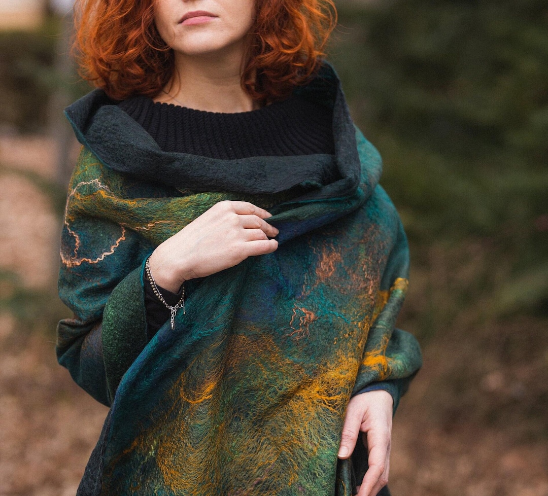 Handmade Felted Shawl – Forest-inspired Nuno Felt Wrap – Emerald Wool ...