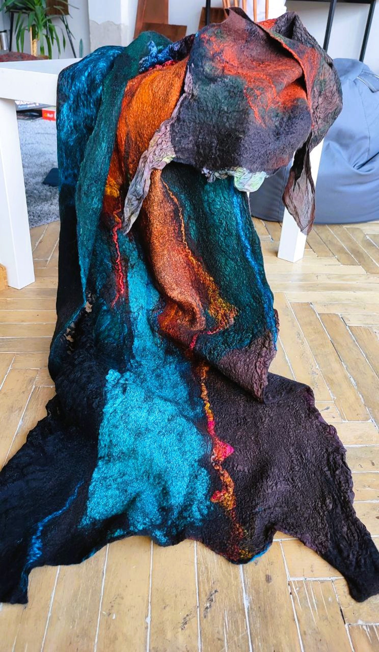 Designer Silk Scarf, Large Art Shawl, Nuno Felted Shawl, Large Textured ...