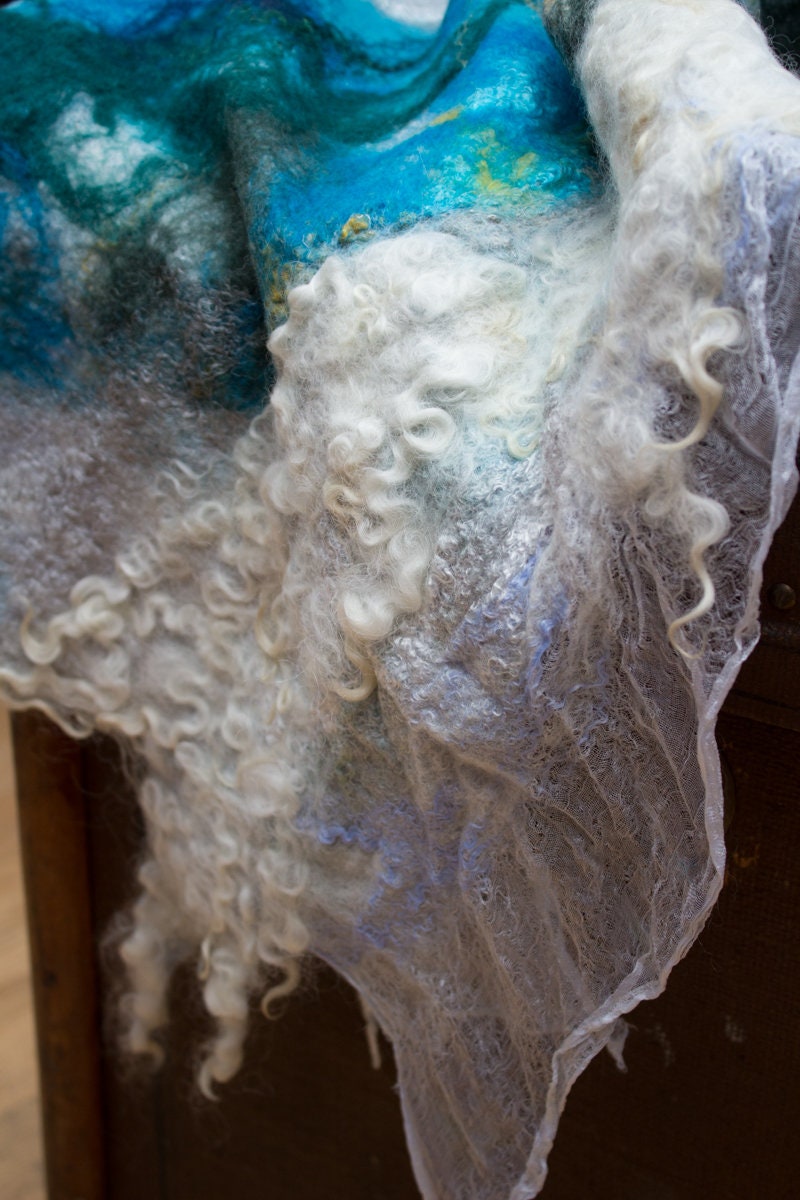 Large Turquoise Wool Shawl Bohemian Felted Scarf Nuno - Etsy