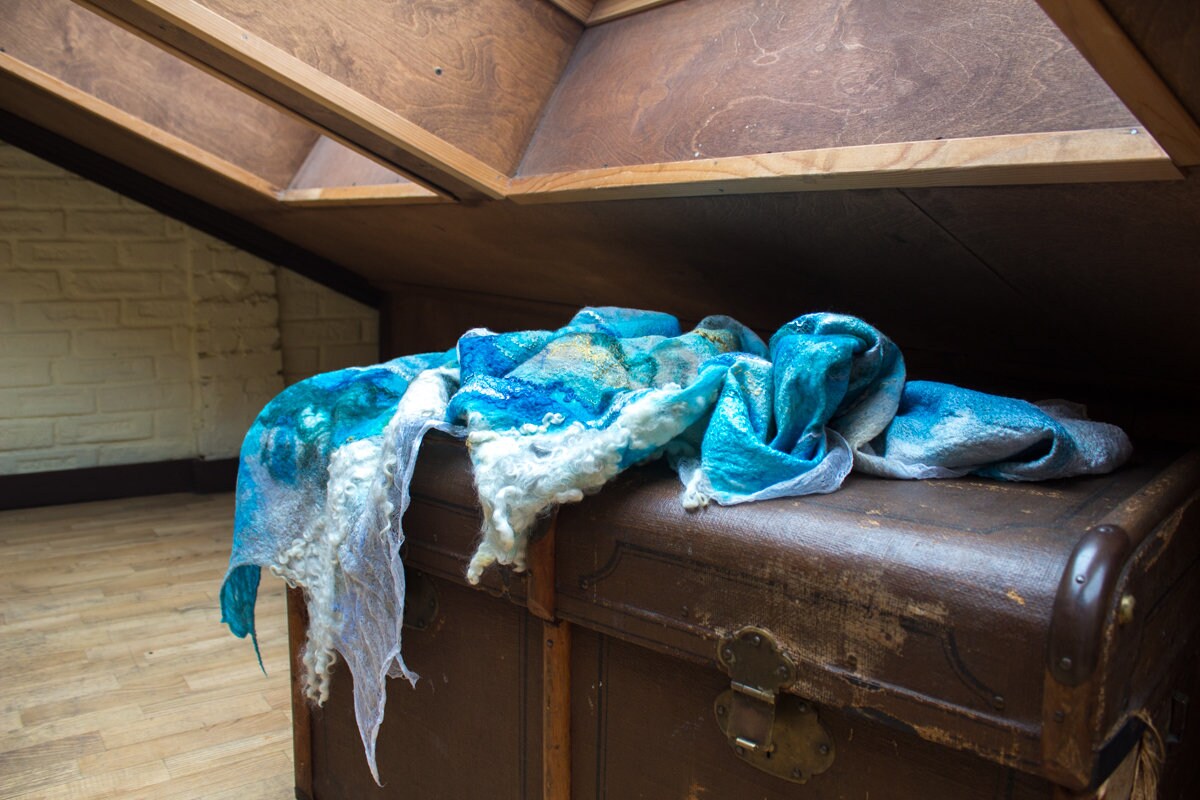 Large Turquoise Wool Shawl Bohemian Felted Scarf Nuno - Etsy