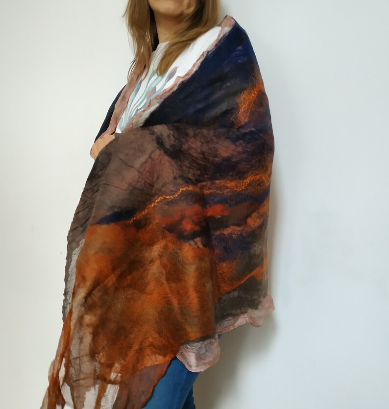 Nuno Felted Scarf, Rust Shawl Cobweb Wet Felted Scarf From Softest ...