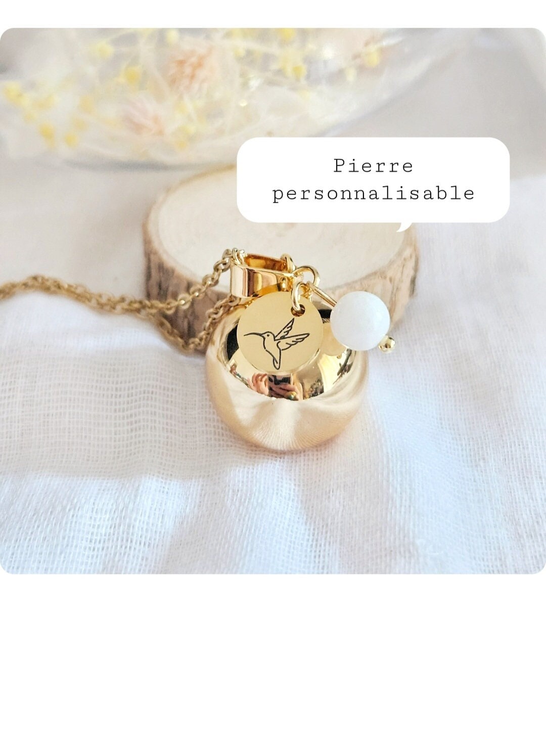 Gold Pregnancy Bola Hummingbird Symbol of PMA Moonstone on Gold Chain ...
