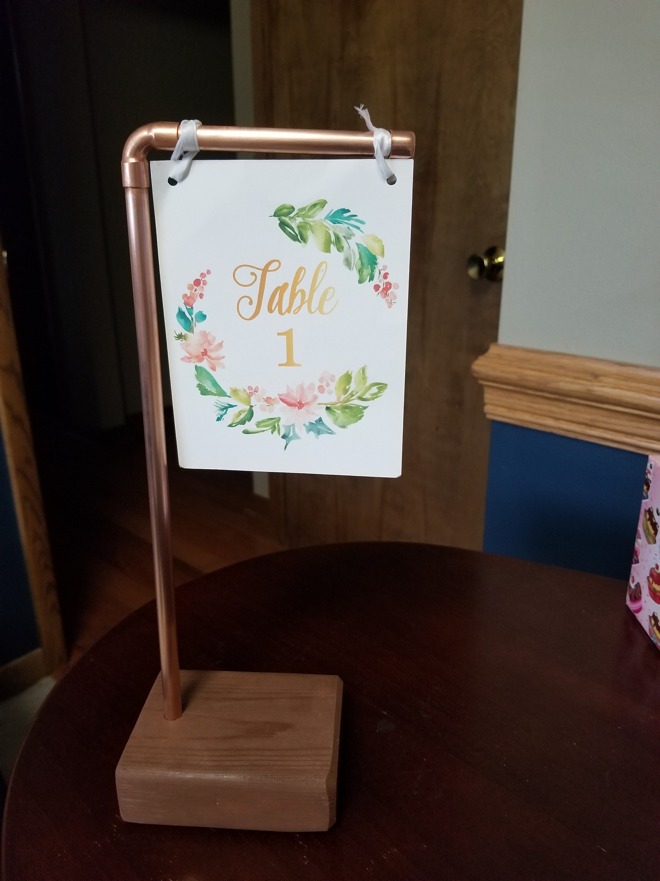 Copper Table Number Holder, Hand Stained Wooden Base, Wedding Decor - Etsy