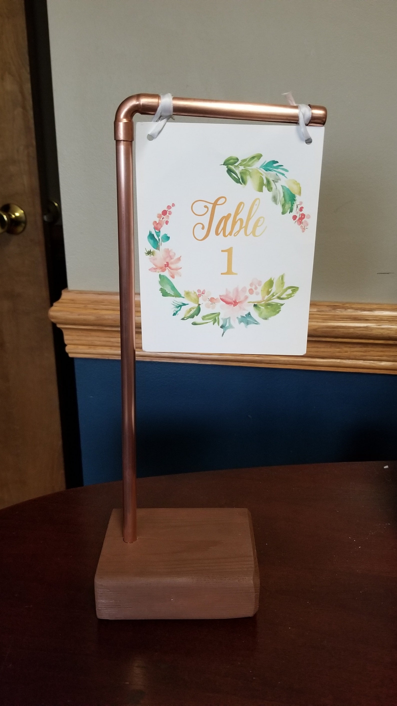 Copper Table Number Holder, Hand Stained Wooden Base, Wedding Decor - Etsy