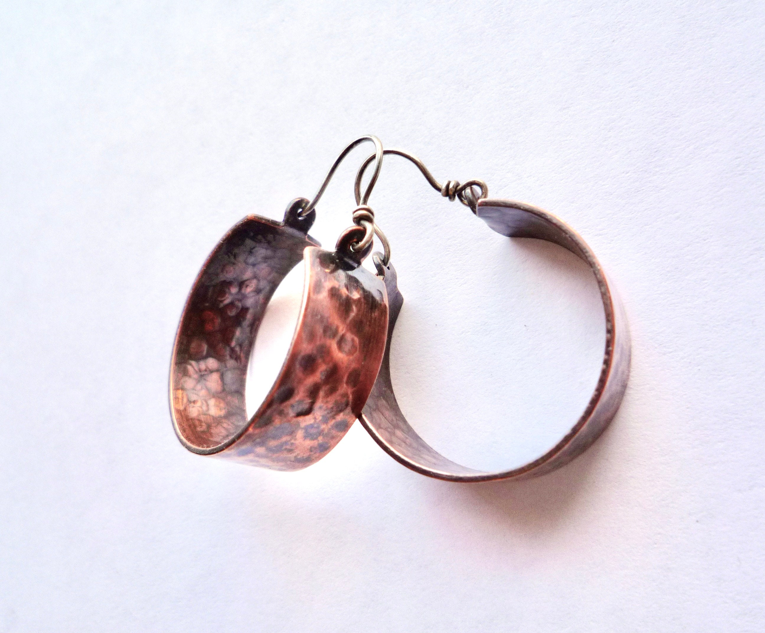 Hammered Copper Hoop Earrings With Sterling Silver Wires Etsy