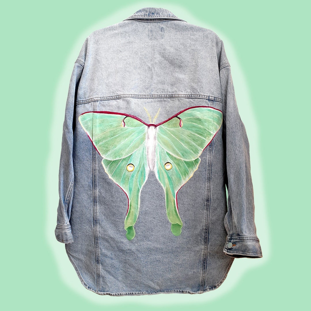 Denim Jacket Hand Painted Upcycled Luna Moth - Etsy