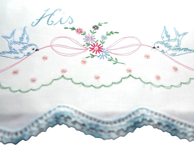 Vintage Embroidered Pillowcase With Embroidery Blue Birds and Flowers ...
