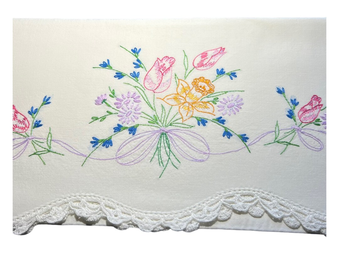 Vintage Embroidered Pillowcase With Embroidery Flowers Pink and Blue ...
