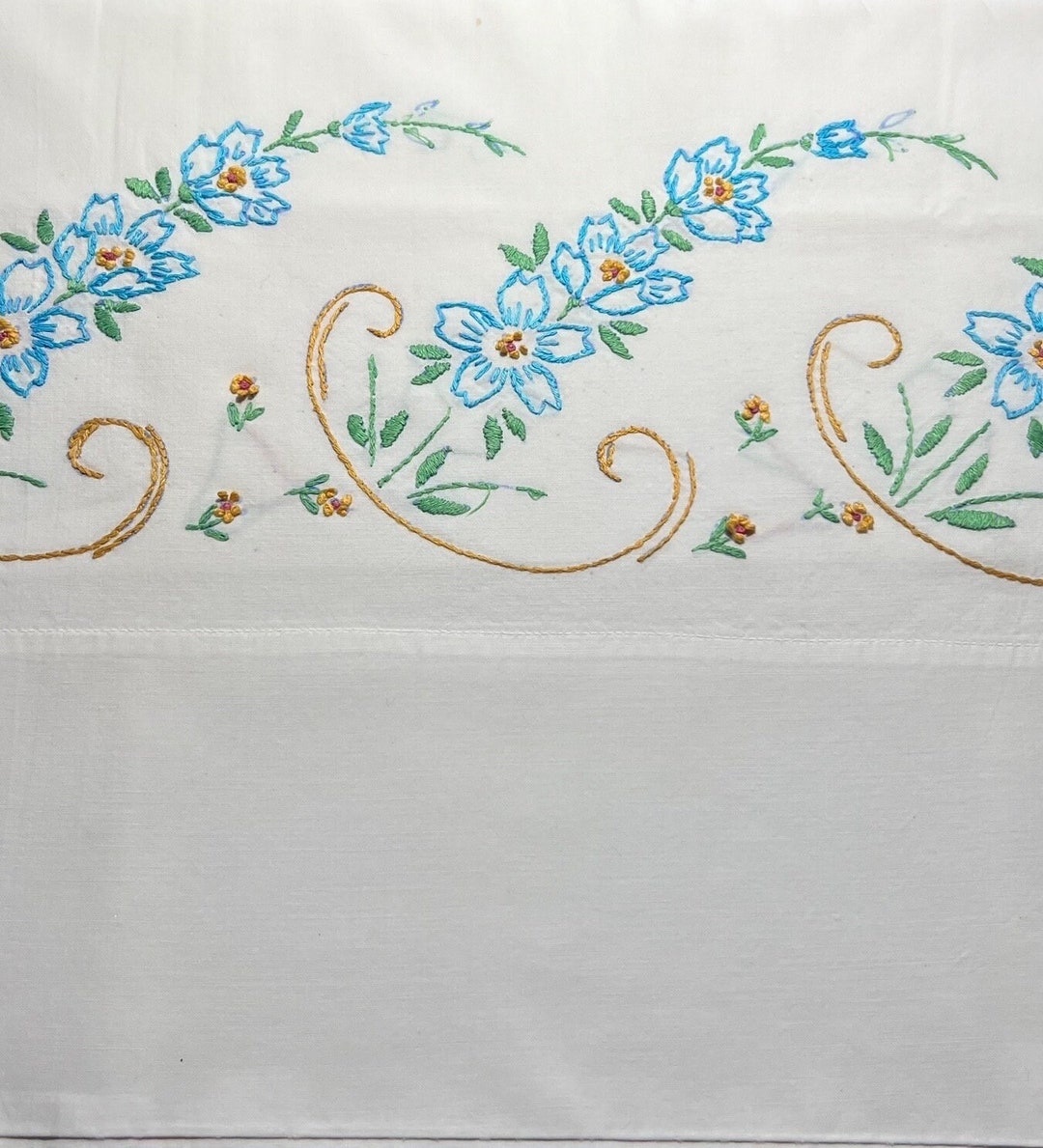 Vintage Pillowcase With Flowers Beautiful Blue and White Embroidered ...