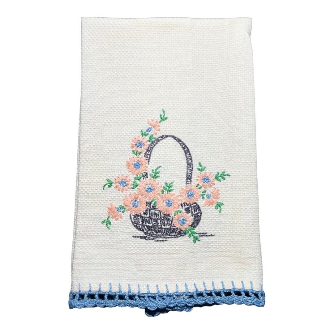 Vintage White Huck Towel White With Peach and Blue Flowers in Basket ...